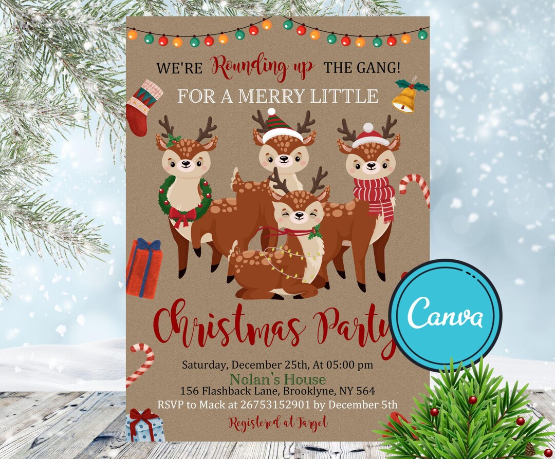 Editable Rustic Reindeer Christmas Party Invite, Were Rounding up the ...