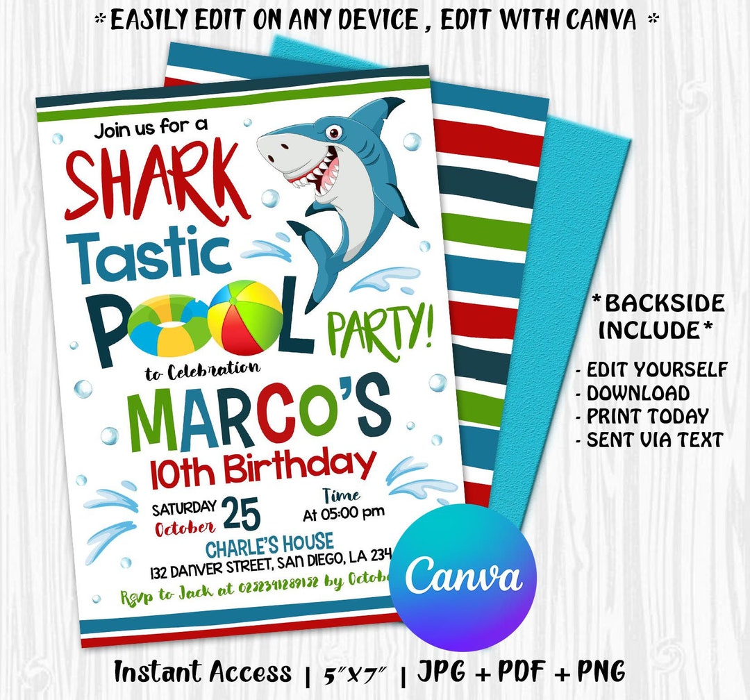 Shark Pool Party Invitation, Shark Birthday Invitation, Shark Birthday ...