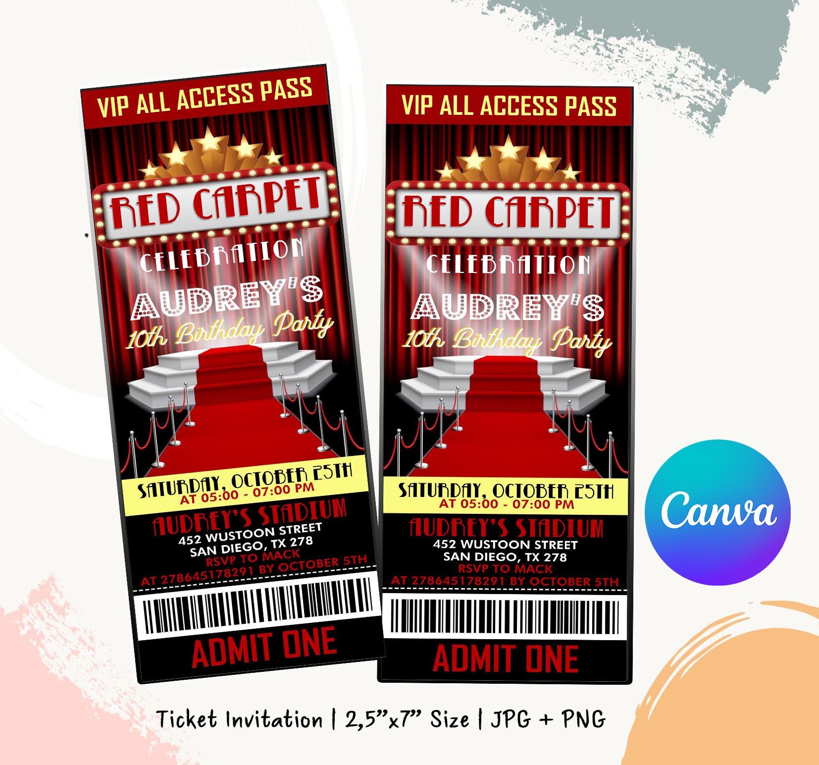 EDITABLE Red Carpet Ticket Invitation, Hollywood Movie Party Invite ...
