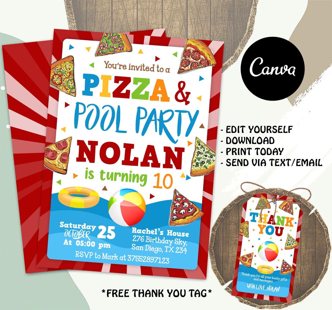 Pizza Pool Party Invitation, Boy Pool Party, Pizza and Pool Party ...