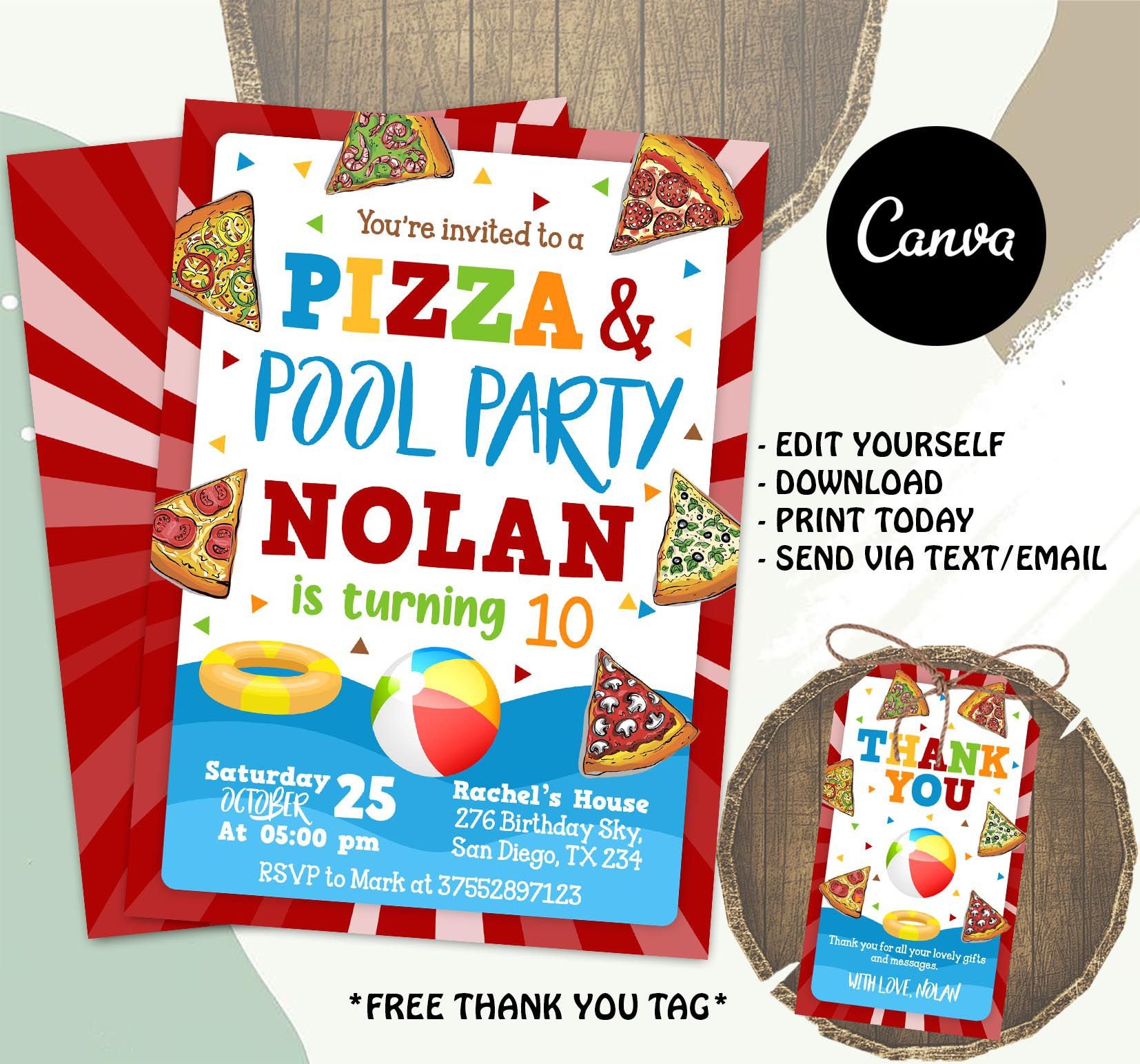 Pizza Pool Party Invitation, Boy Pool Party, Pizza and Pool Party ...