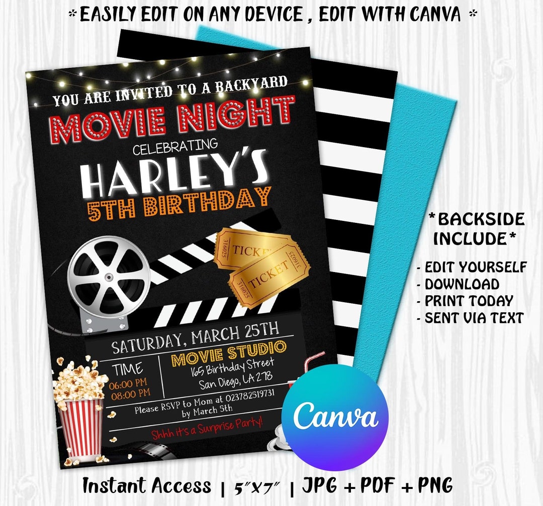 Movie Birthday Invitation. Movie Night Birthday Party Invitation. Movie ...