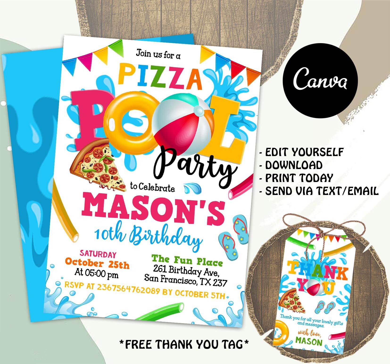 Pizza Pool Party Invitation, Boy Pool Party, Pizza and Pool Party ...