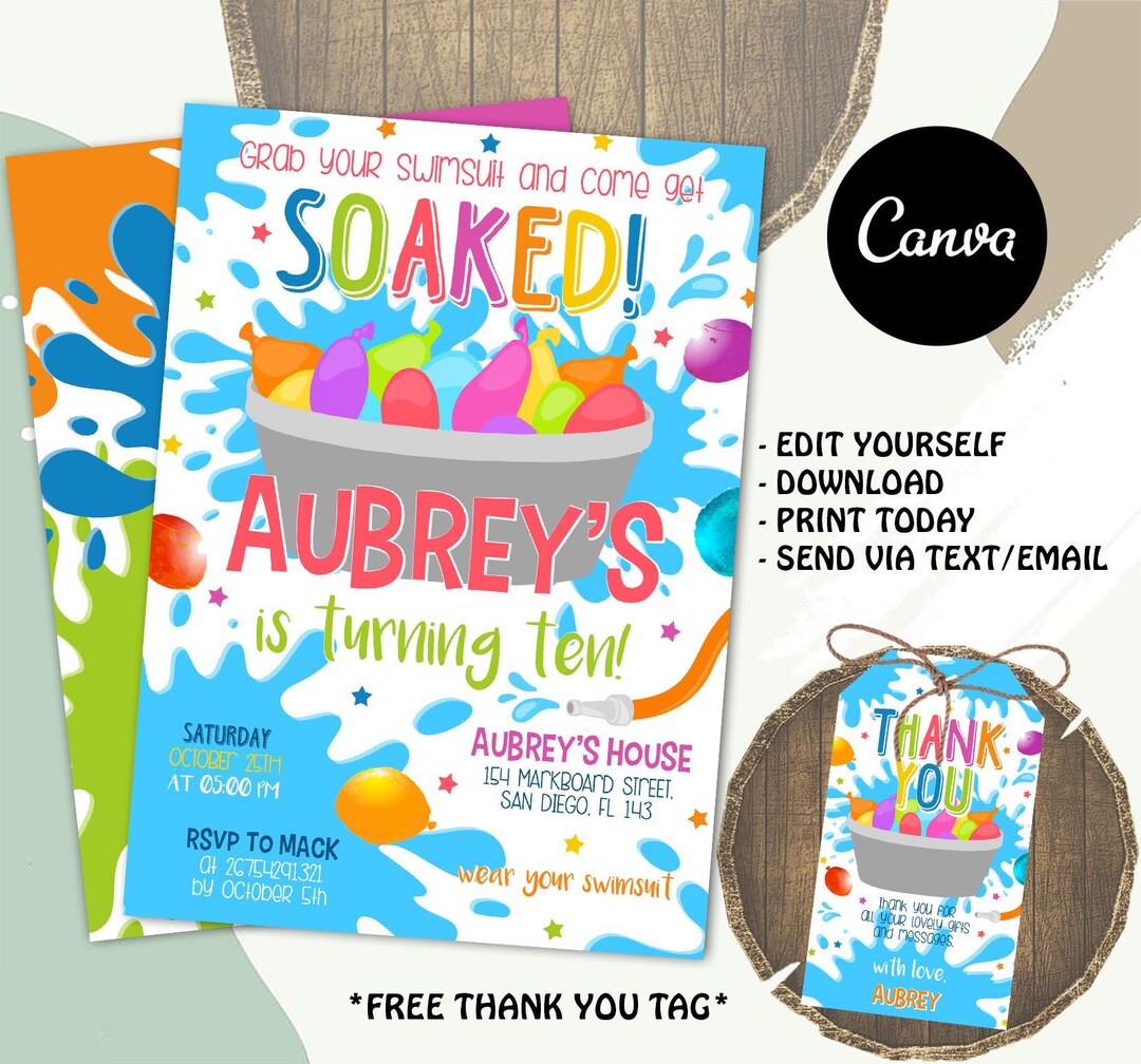 Editable Water Balloon Birthday Invitation, Pool Party Invitation ...
