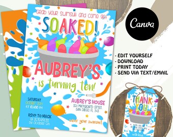 Editable Water Balloon Birthday Invitation Pool Party Invitation Water ...