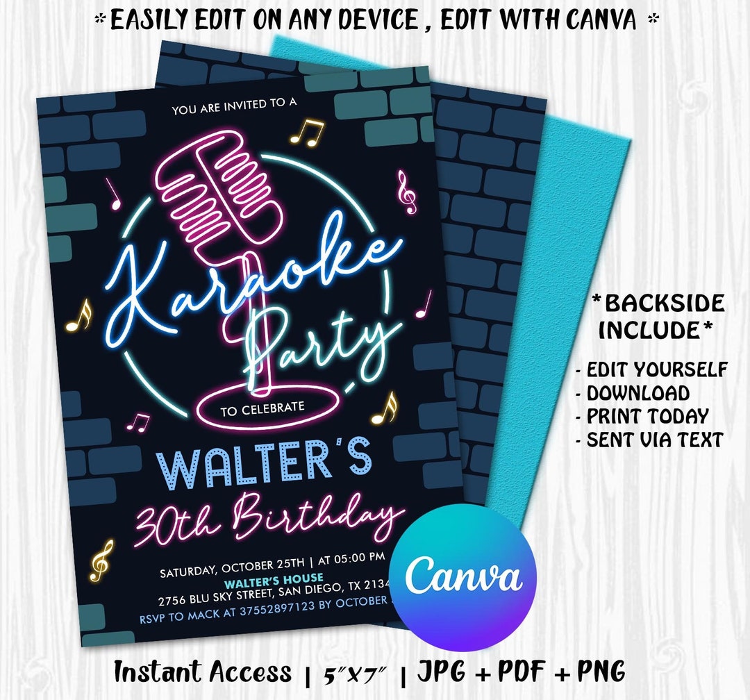 Editable Karaoke Birthday Party Invitation, Karaoke Birthday Party ...