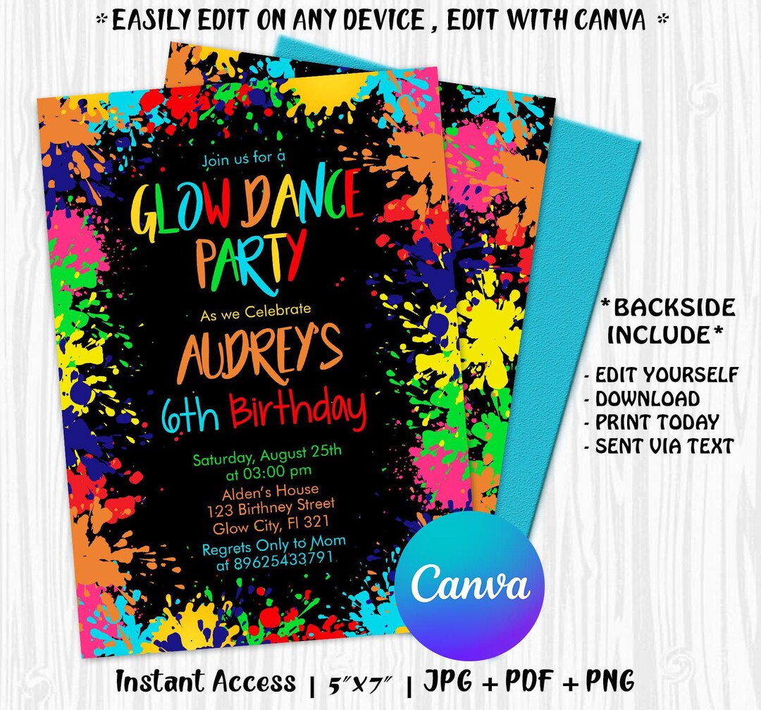 EDITABLE Glow Invitation, Neon Glow Birthday Invitation, Glow Birthday ...