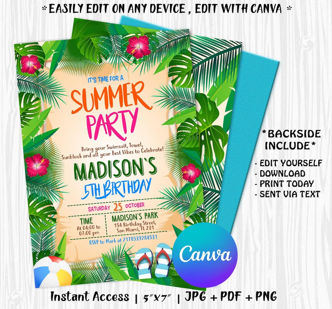 Editable Summer Party Invitation, Summer Party Invites, Beach ...
