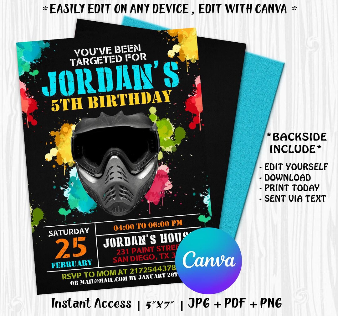 Paintball Birthday Invitation, Paintball Invitation, Paintball Party ...