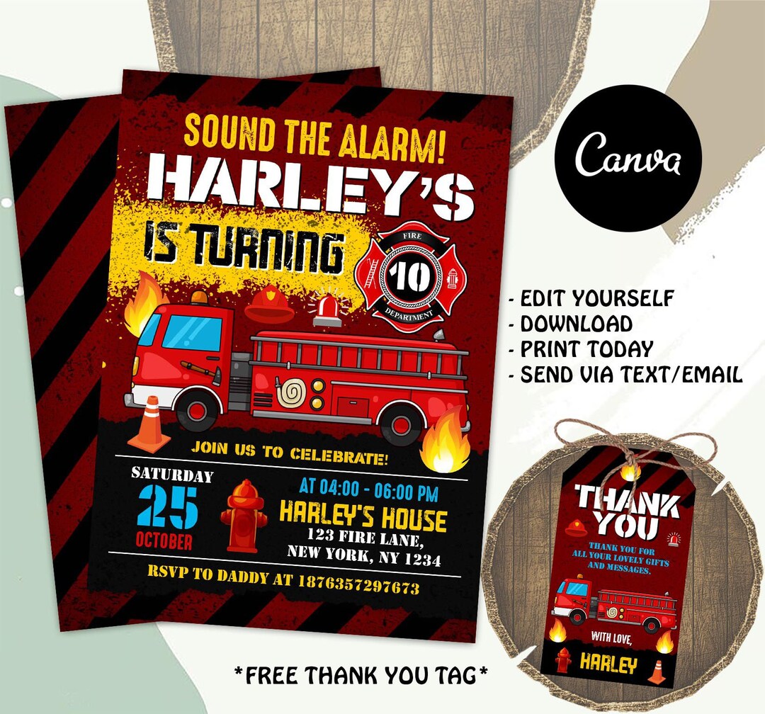 Editable Fire Truck Invitation Fire Truck Birthday - Etsy