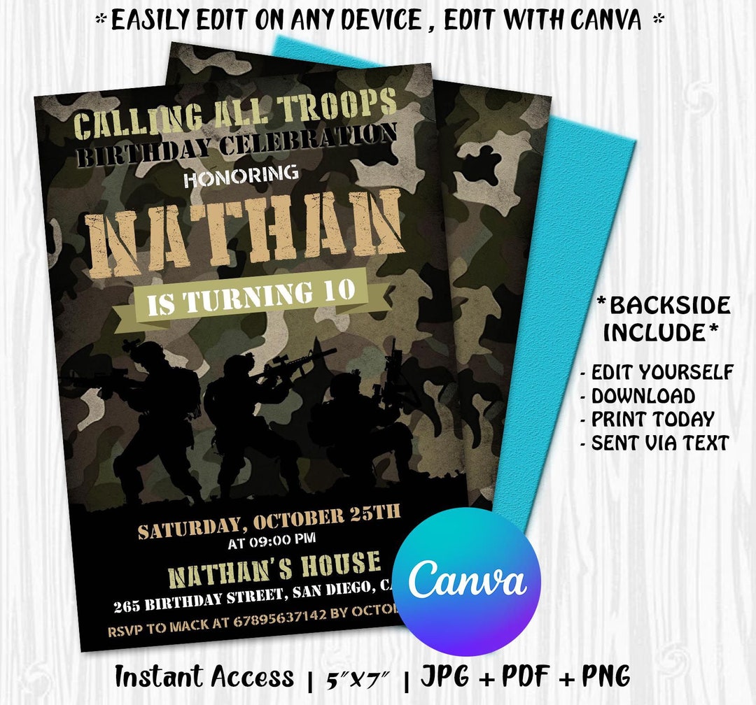 Editable Army Invitation, Army Birthday Invitation, Army Invitation ...