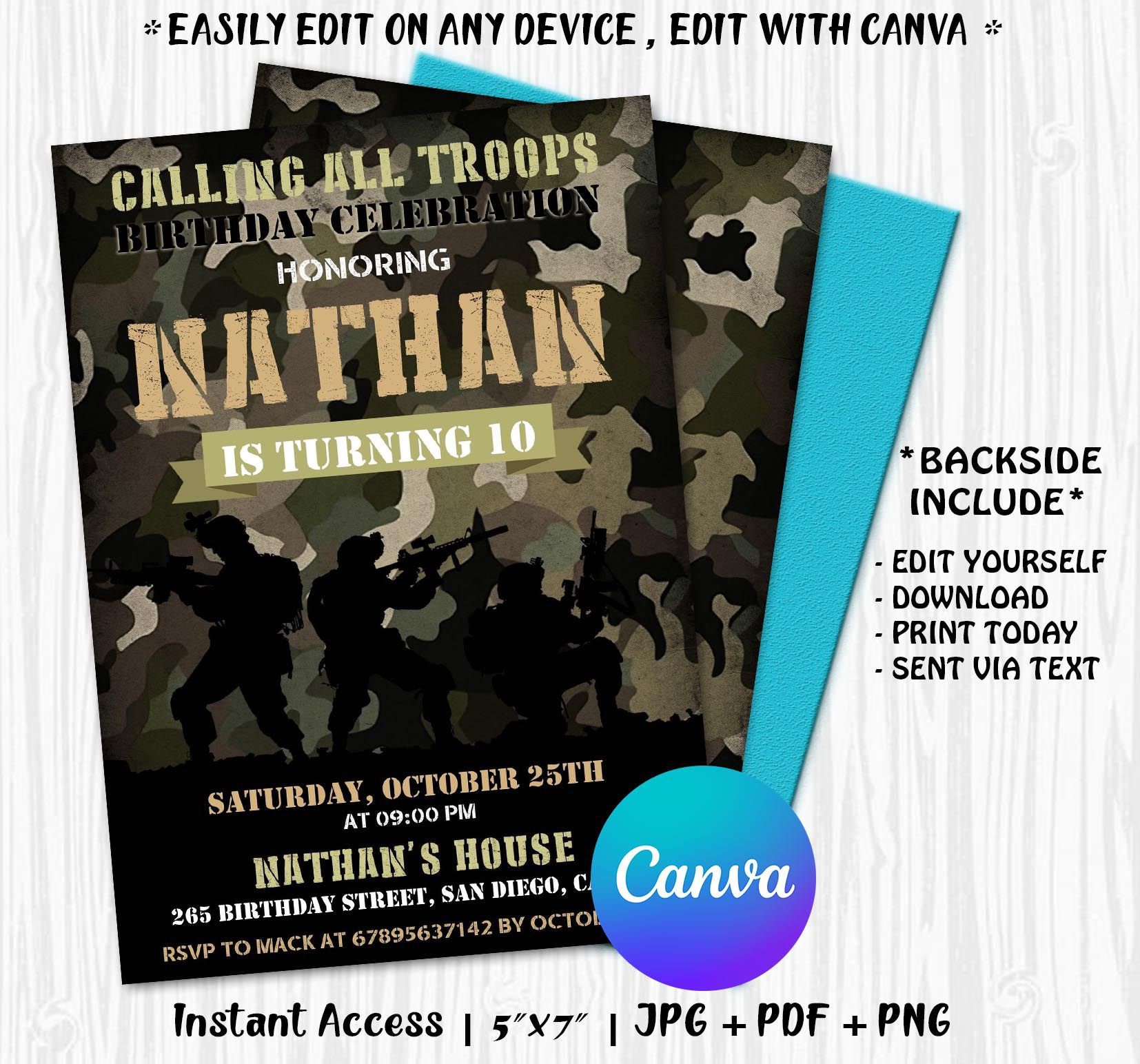 Editable Army Invitation, Army Birthday Invitation, Army Invitation ...