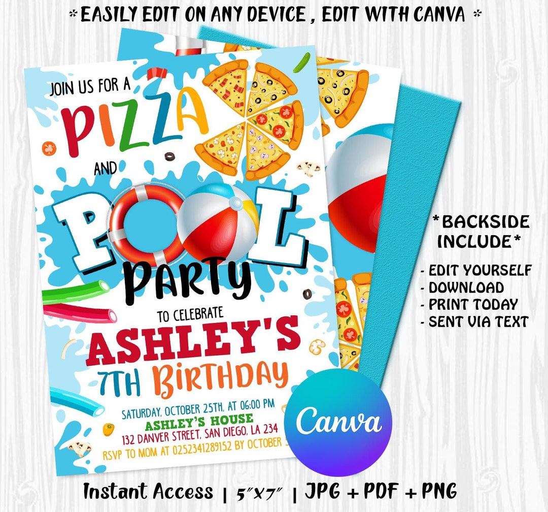 Pizza Pool Party Invitation, Boy Pool Party, Pizza and Pool Party ...