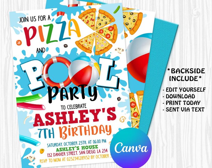 Pizza Pool Party Invitation, Pool Party Invitation, Pizza and Pool ...