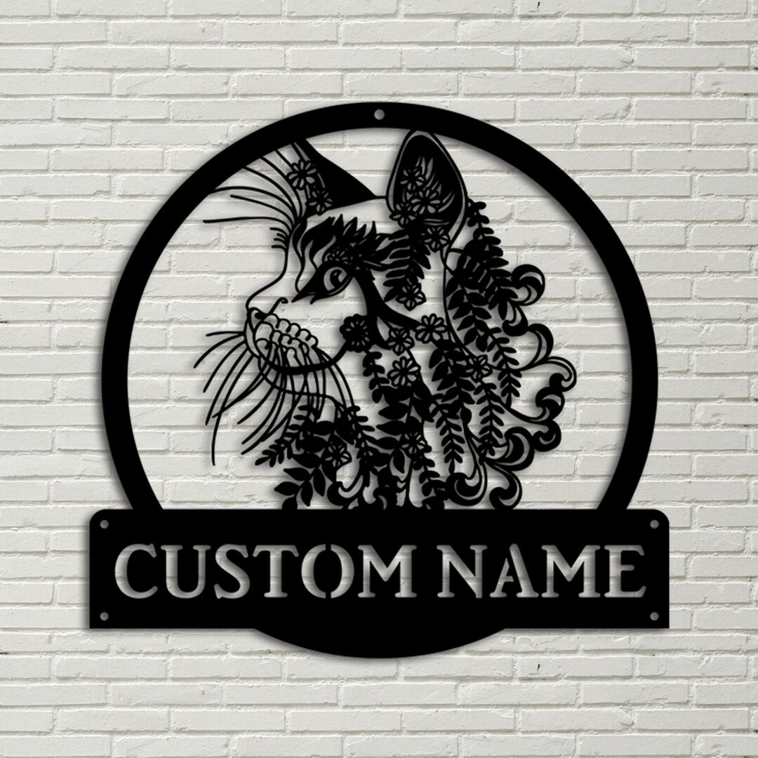 Personalized Cute Cat Floral Metal Sign Art, Custom Cute Cat Floral ...