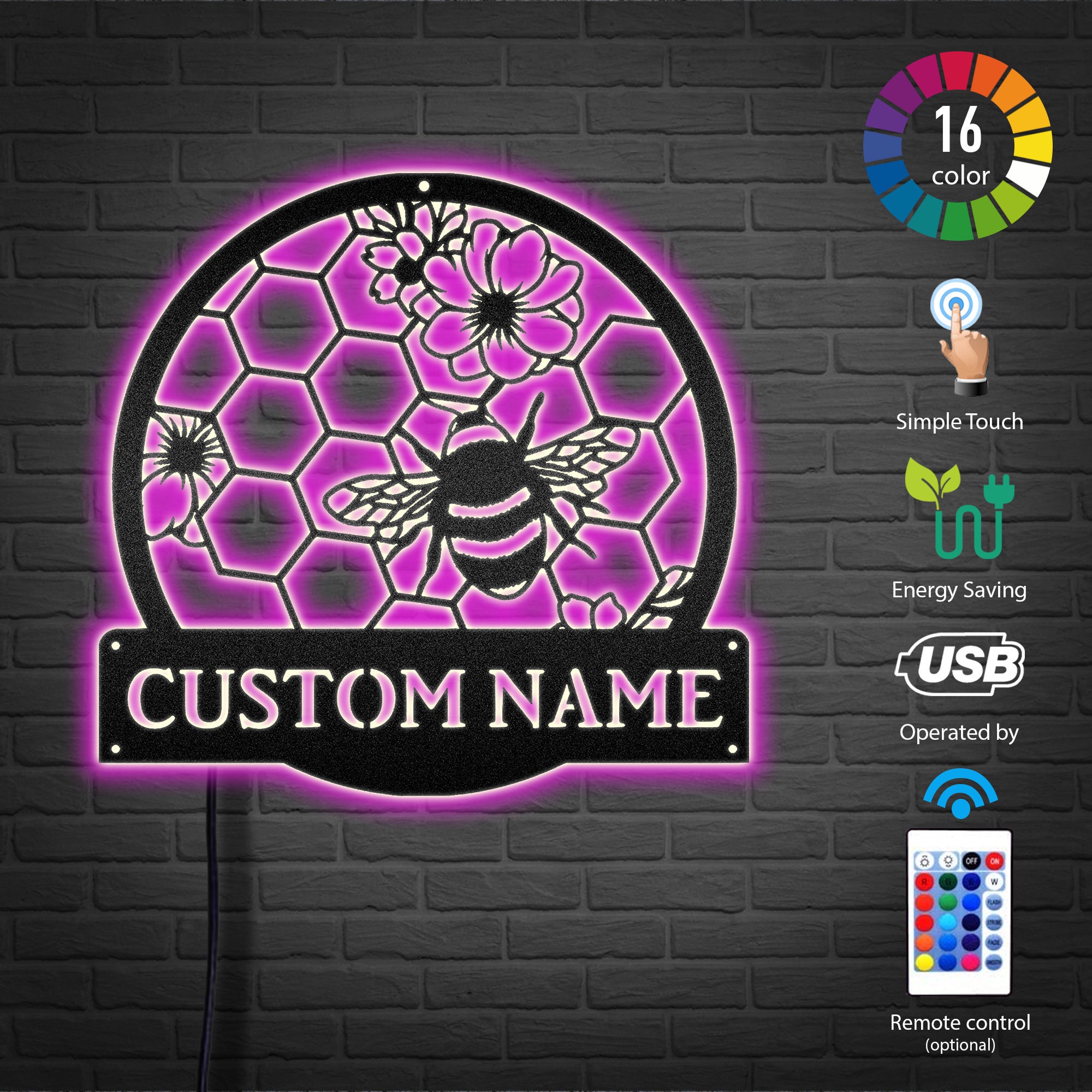 Personalized Led Honey Bee Monogram Metal Sign Art, Custom Honey Bee ...