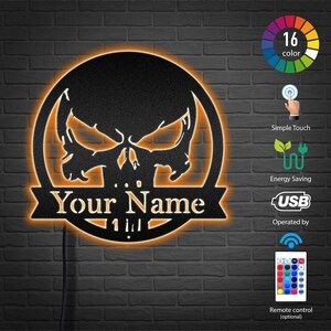 Personalize Skull Led Metal Sign, Custom Skull Metal Sign, Skull Sign ...