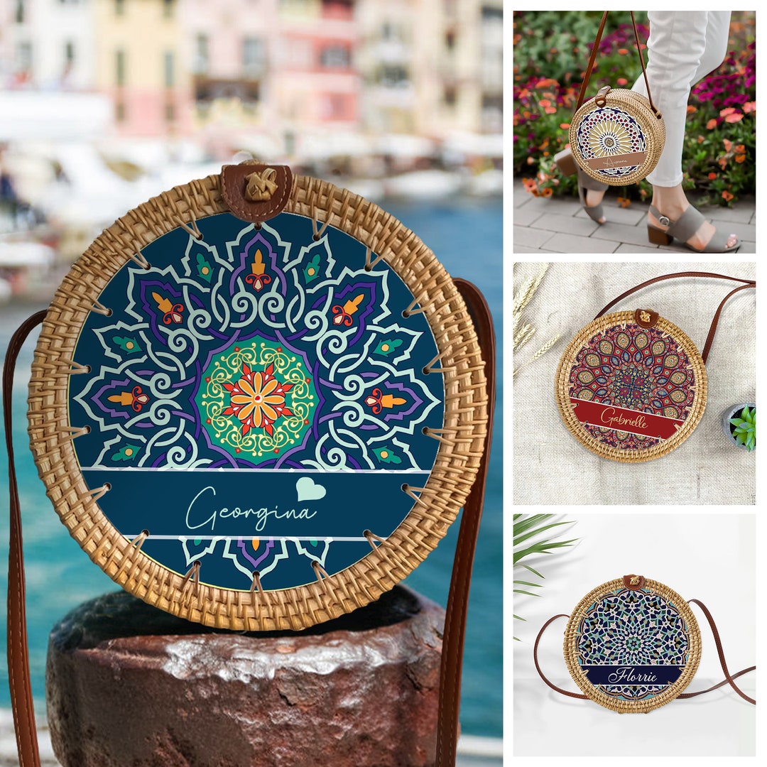 Personalized Name Round Rattan Bag Bali Bag Straw Bag Woven Shoulder ...