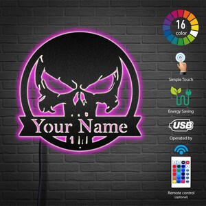 Personalize Skull Led Metal Sign, Custom Skull Metal Sign, Skull Sign ...