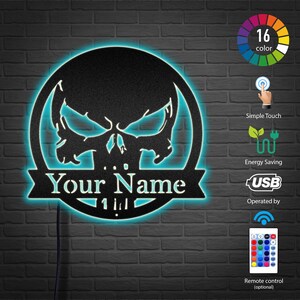 Personalize Skull Led Metal Sign, Custom Skull Metal Sign, Skull Sign ...