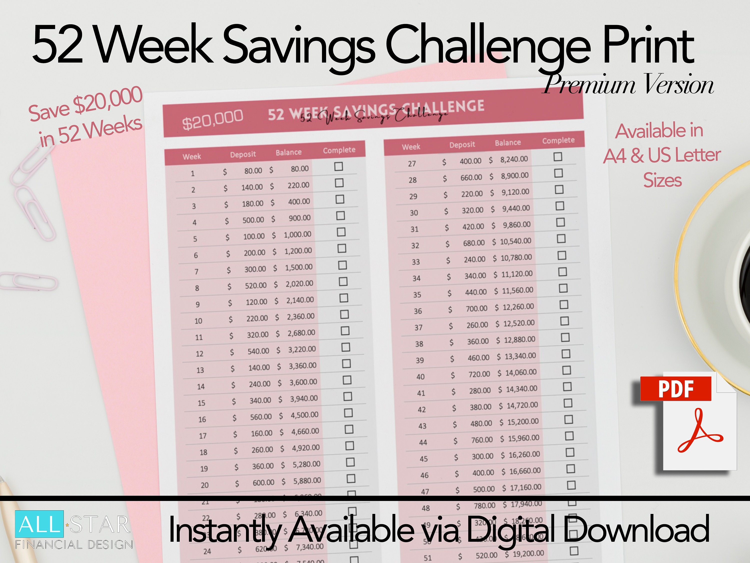 Save 20,000 in 52 Week Savings Challenge | 2024 Savings Tracker ...