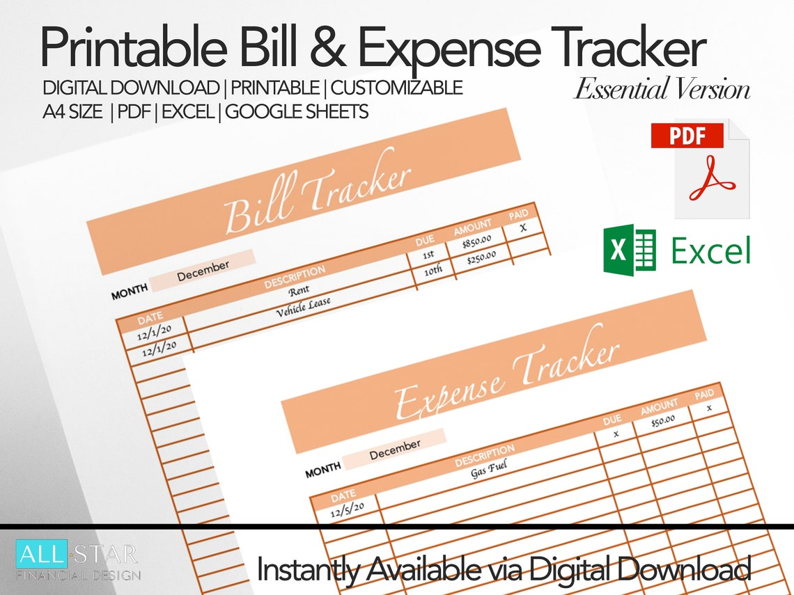 Printable Monthly Bill & Expense Tracker Bill Tracker Expense Checklist ...