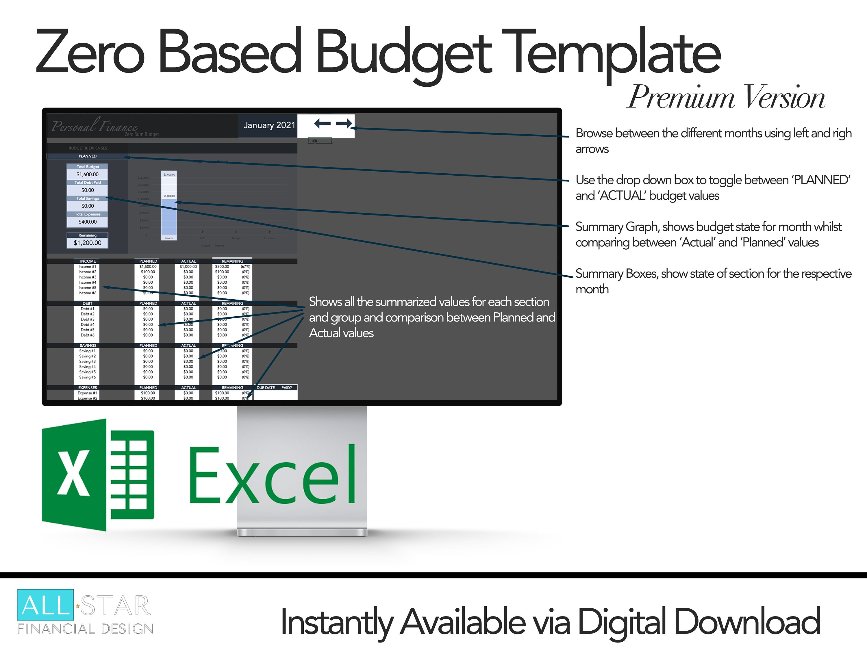 Monthly Budget Template Zero Based Budget Income Expense Tracker Dave ...