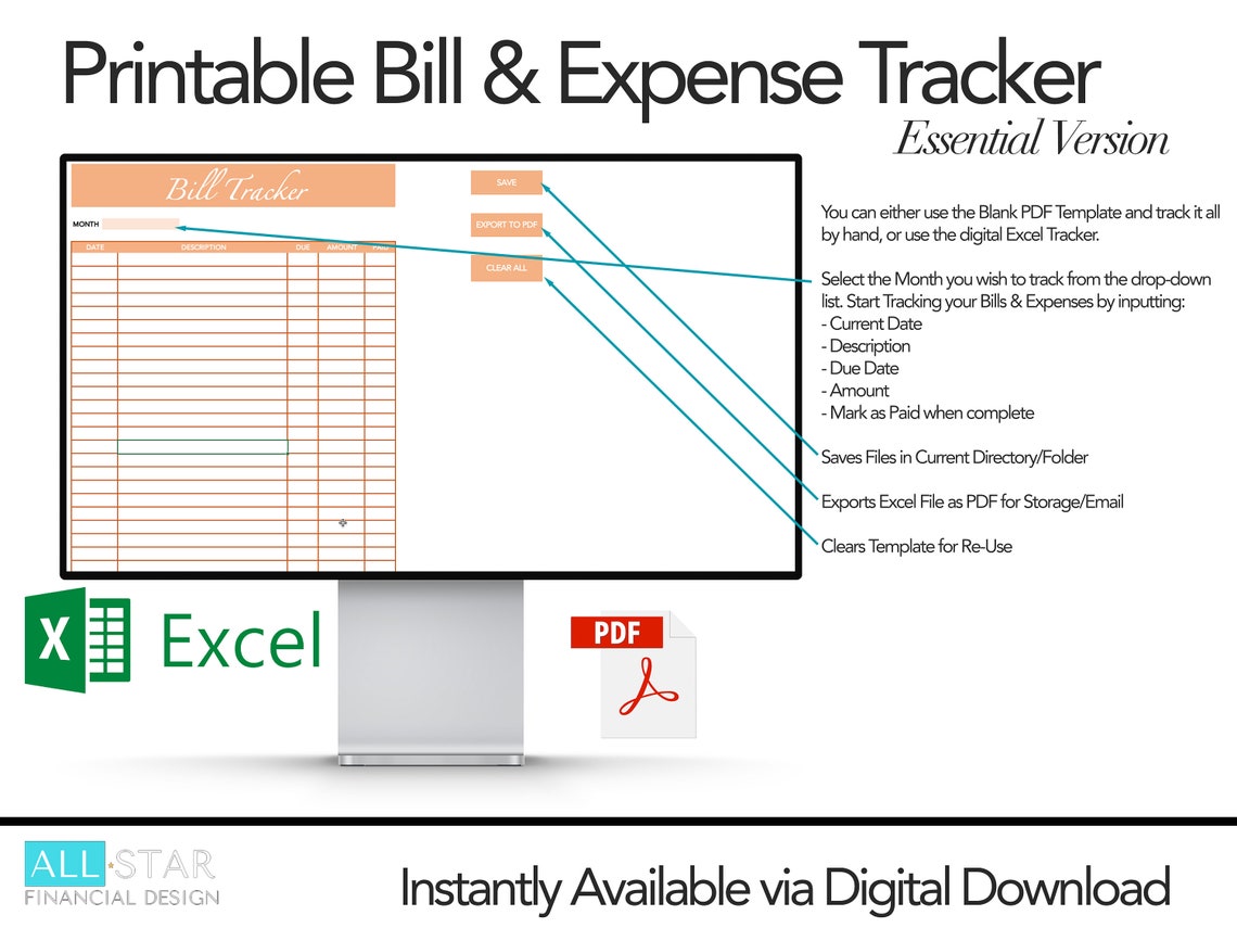 Printable Monthly Bill & Expense Tracker Bill Tracker Expense Checklist ...