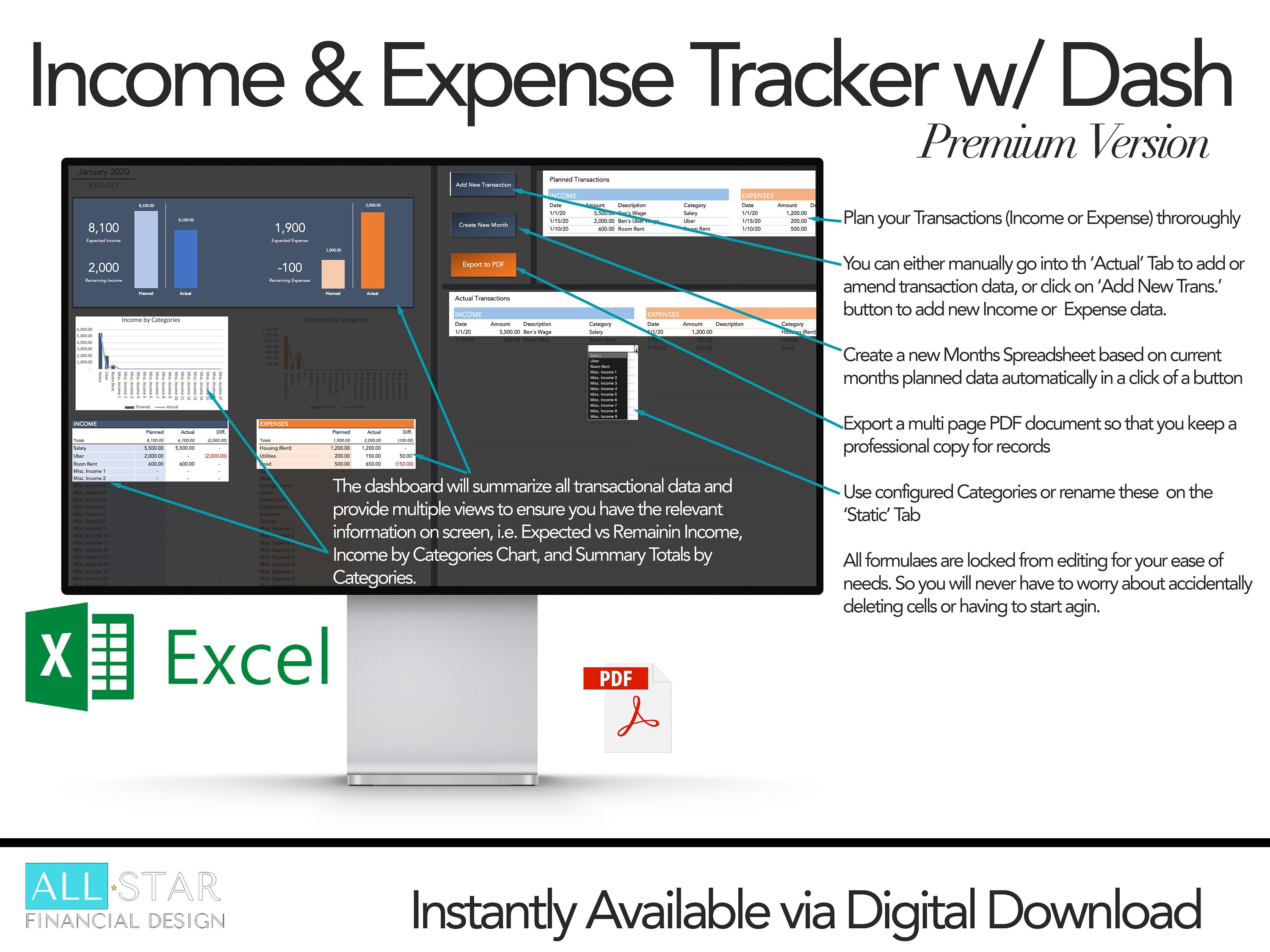Monthly Income Tracker Expense Tracker Dashboard Premium Personal ...