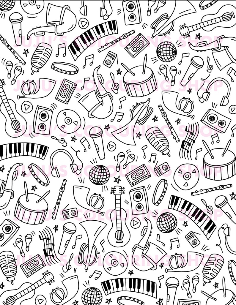 Music Themed Colouring Page, Printable Colouring Page, Instrument ...
