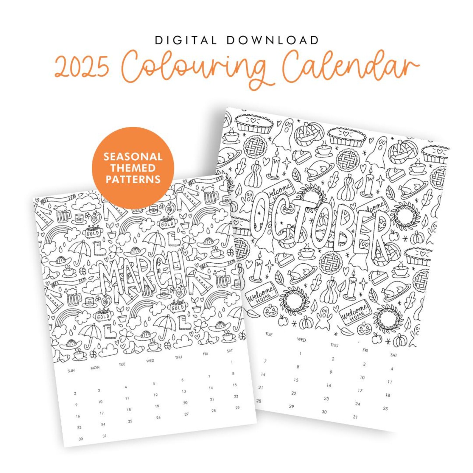 Printable 2025 Colouring Calendar (seasonal Themed Patterns) - Digital ...