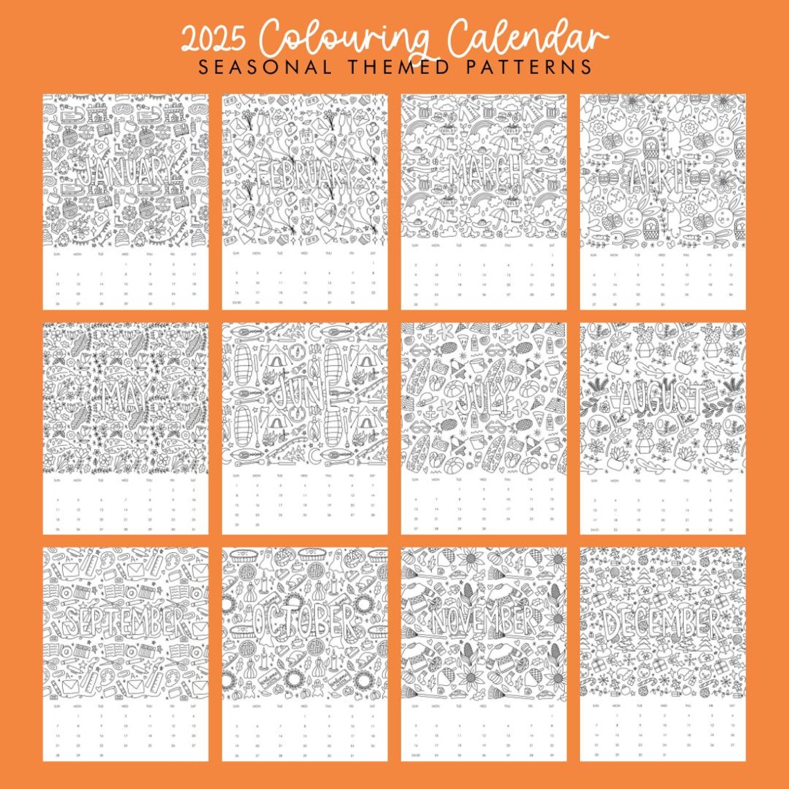 Printable 2025 Colouring Calendar (seasonal Themed Patterns) - Digital ...