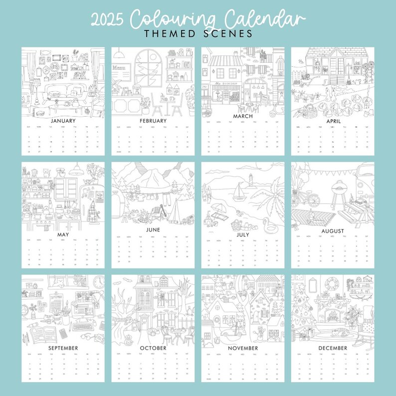 Printable 2025 Themed Scenes Colouring Calendar Digital Print, Hanging ...