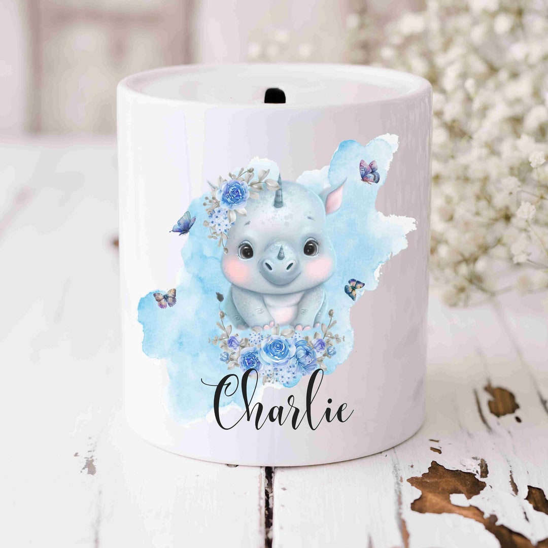 Cute Rhino Money Box, Piggy Bank, Chrildrens Piggy Bank, Personalised ...