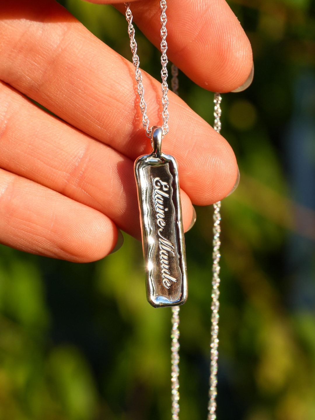 Personalized Name Tag Necklace: Custom Engraved Silver Long Rectangle ...