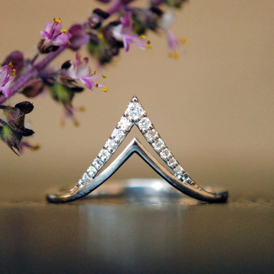 Deep Chevron V Diamond Ring in 14K Solid Gold, Stackable Double Chevron ...