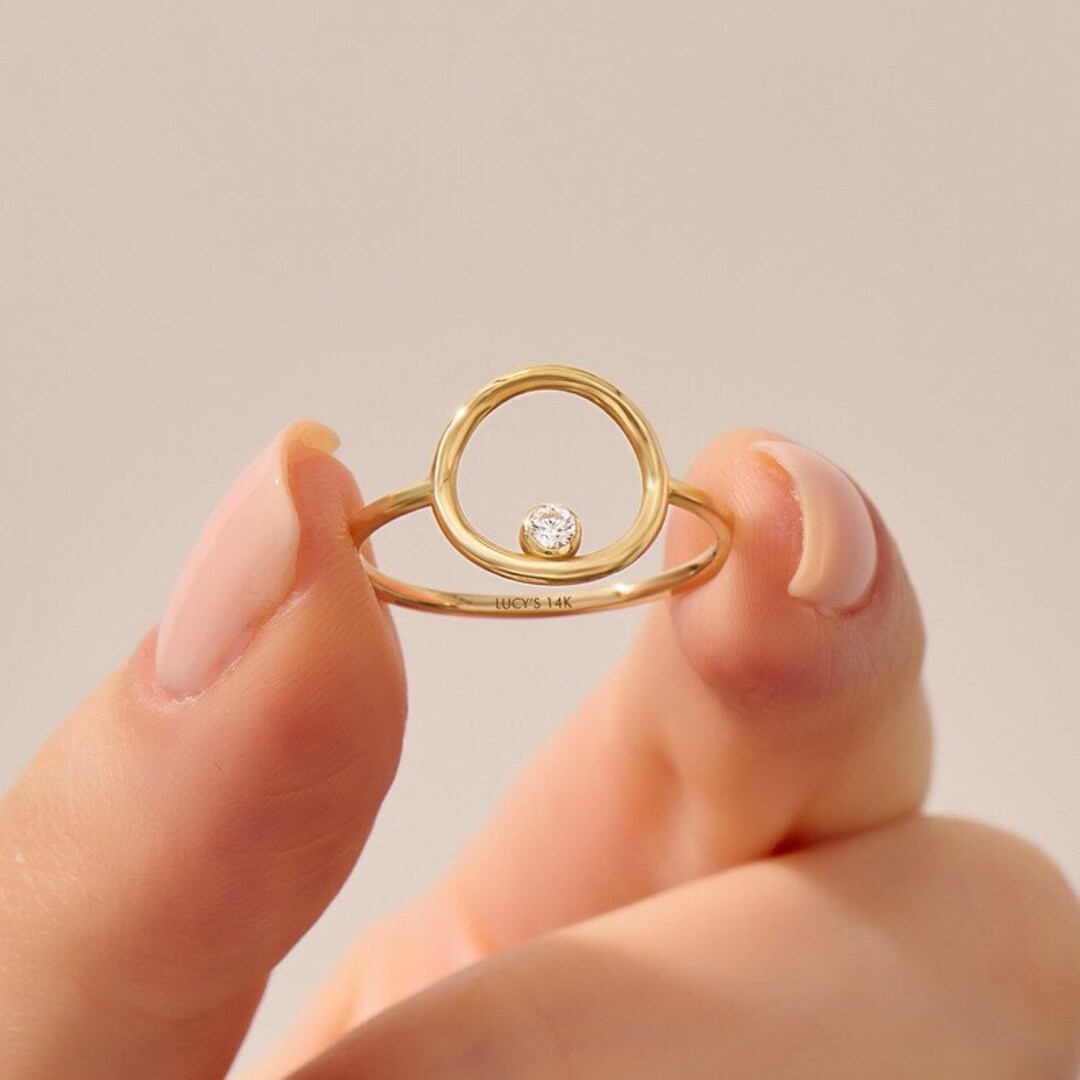 Diamond Karma Ring, 14k Open Circle Ring, Solid Gold Simple Round Rings for Women, Tiny Diamond ...