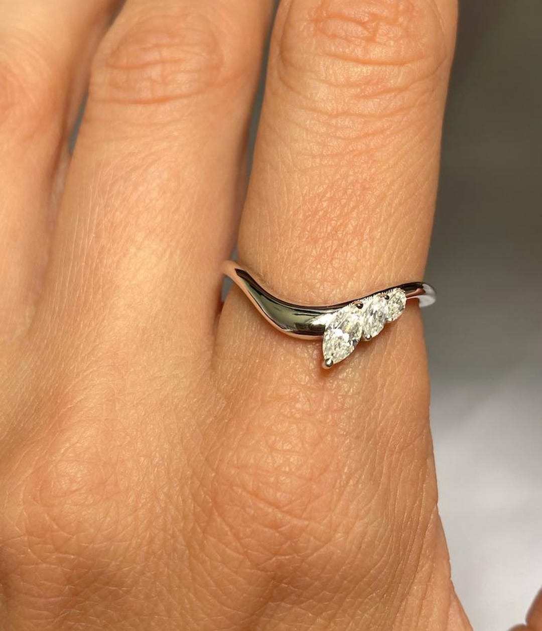 Curved Band Ring Wedding Band Moissanite Stone Wave Ring Marquise Stone ...