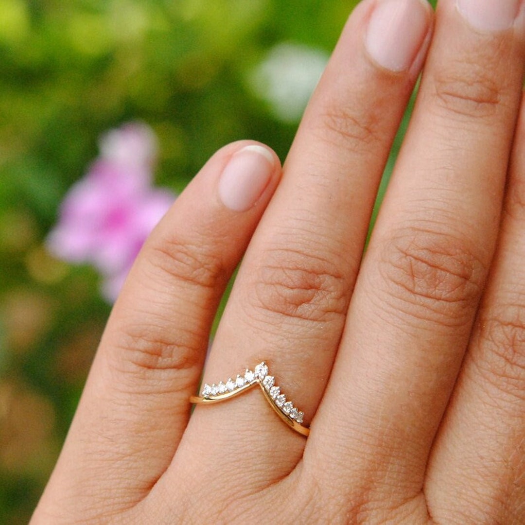 Diamond Chevron Tiara Ring, 14K Gold Stack Wishbone Bridal V Wedding ...