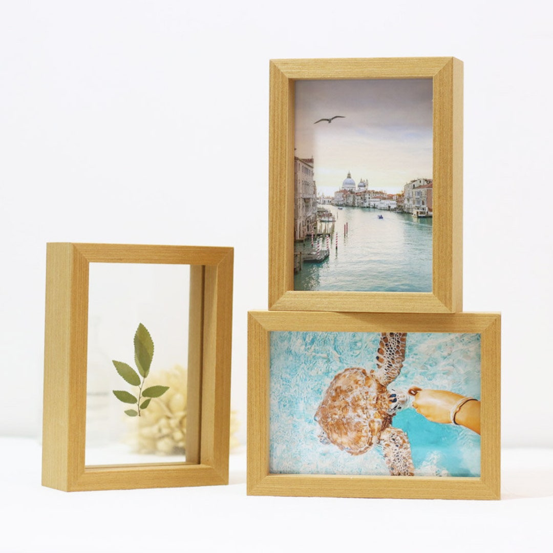 Wood Veneered Floating Frames for Photo Collage, Double Sided, Glass ...