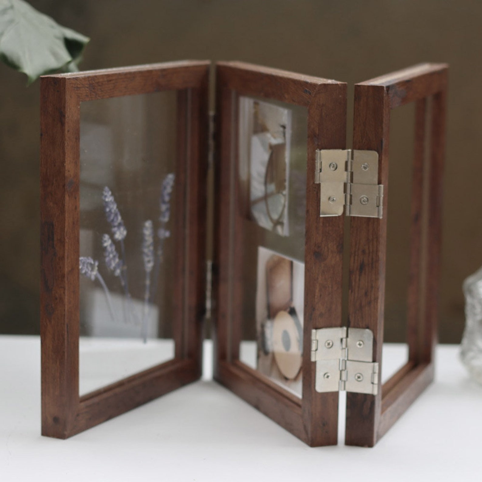 Retro Brown Trifold Photo Frame, Double Sided Glass, Pressed Flower ...