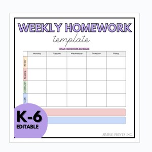 Editable Weekly Homework Template, Homework Schedule, Homework ...