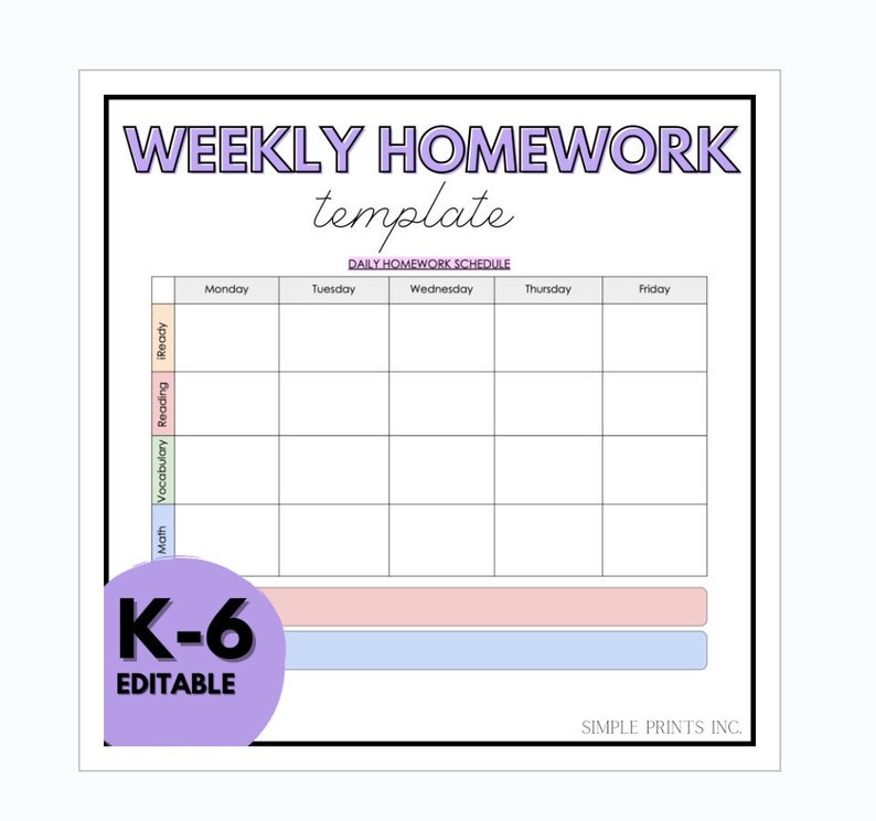 Editable Weekly Homework Template, Homework Schedule, Homework ...