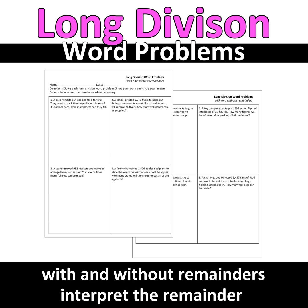 Long Division Word Problems | 2-digit Divisors | With and Without ...