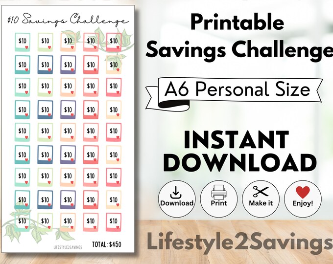 10 Dollar Savings Challenge, Printable Savings Challenge, Print at Home ...