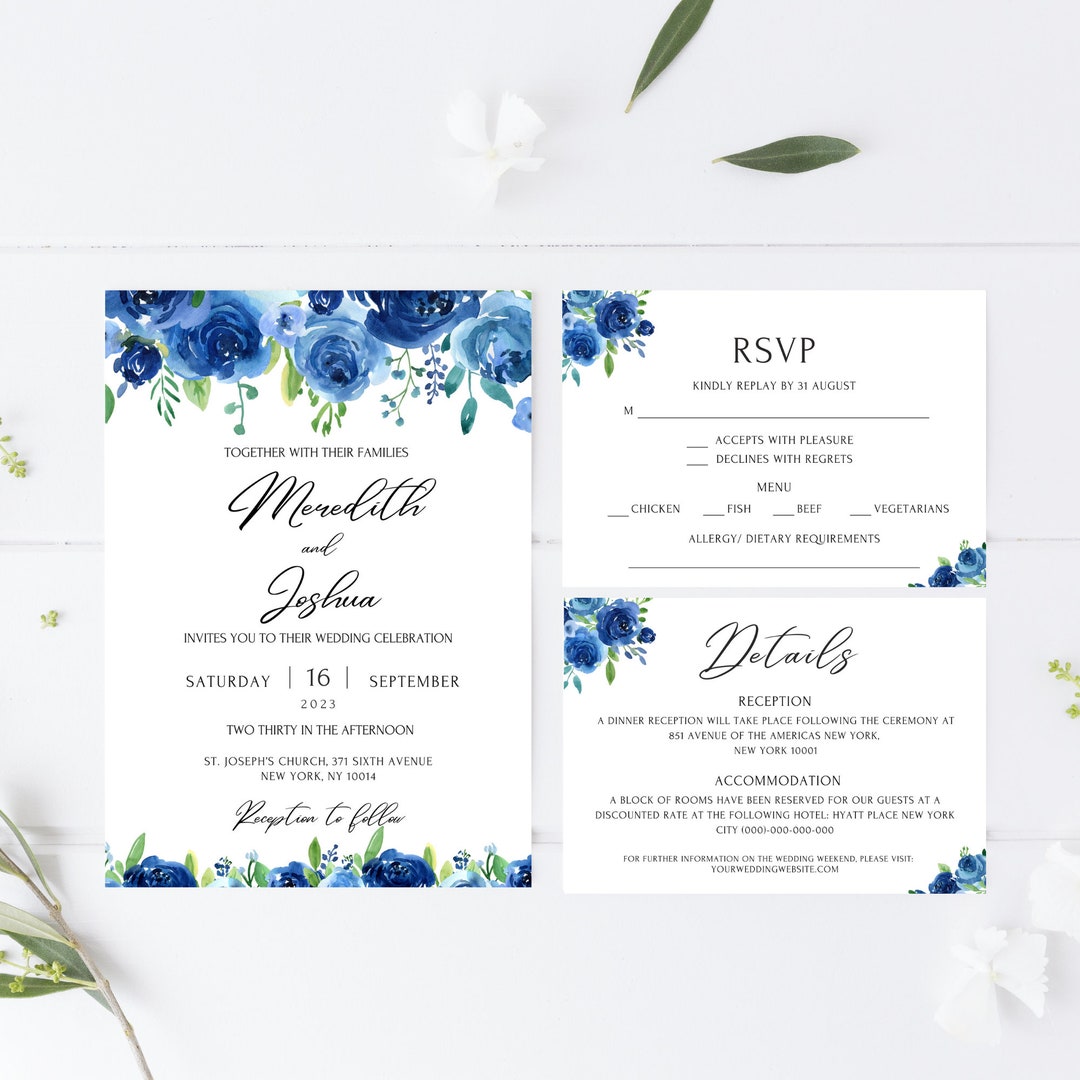 Blue Wedding Invitation Template Blue Royal Wedding Invitation Set of 3 ...
