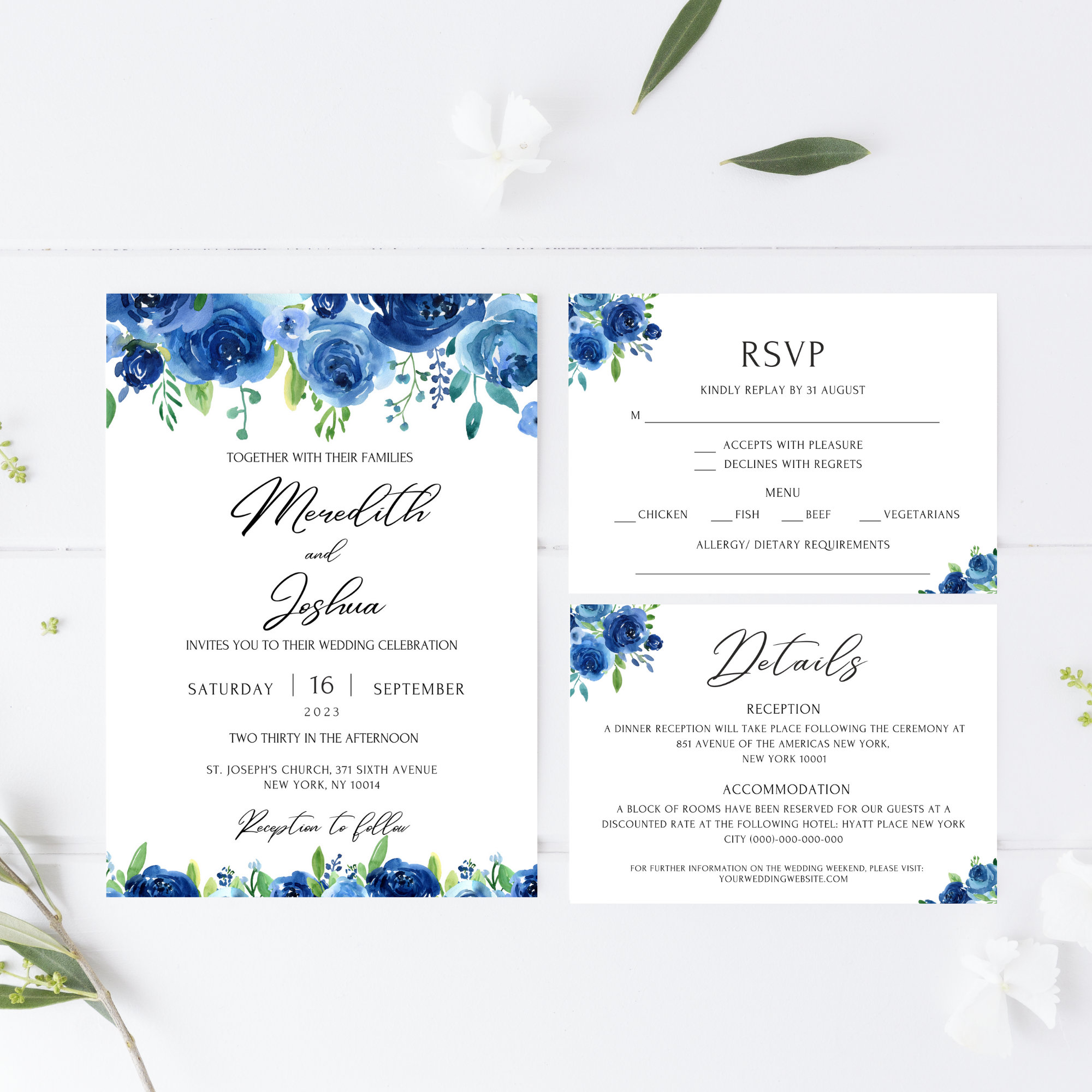 Blue Wedding Invitation Template Blue Royal Wedding Invitation Set of 3 ...