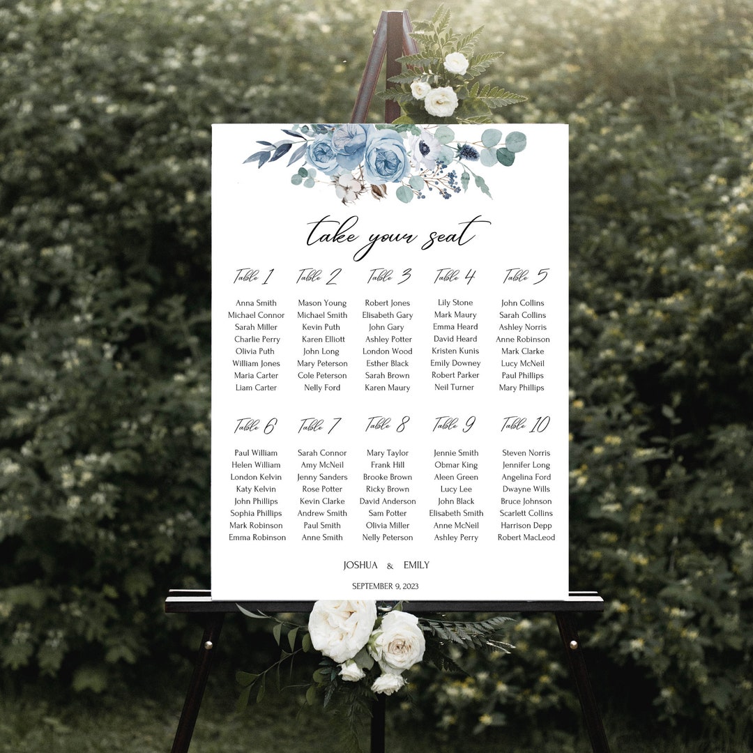 Plantilla de tabla de asientos azul polvoriento / Tema de boda azul ...