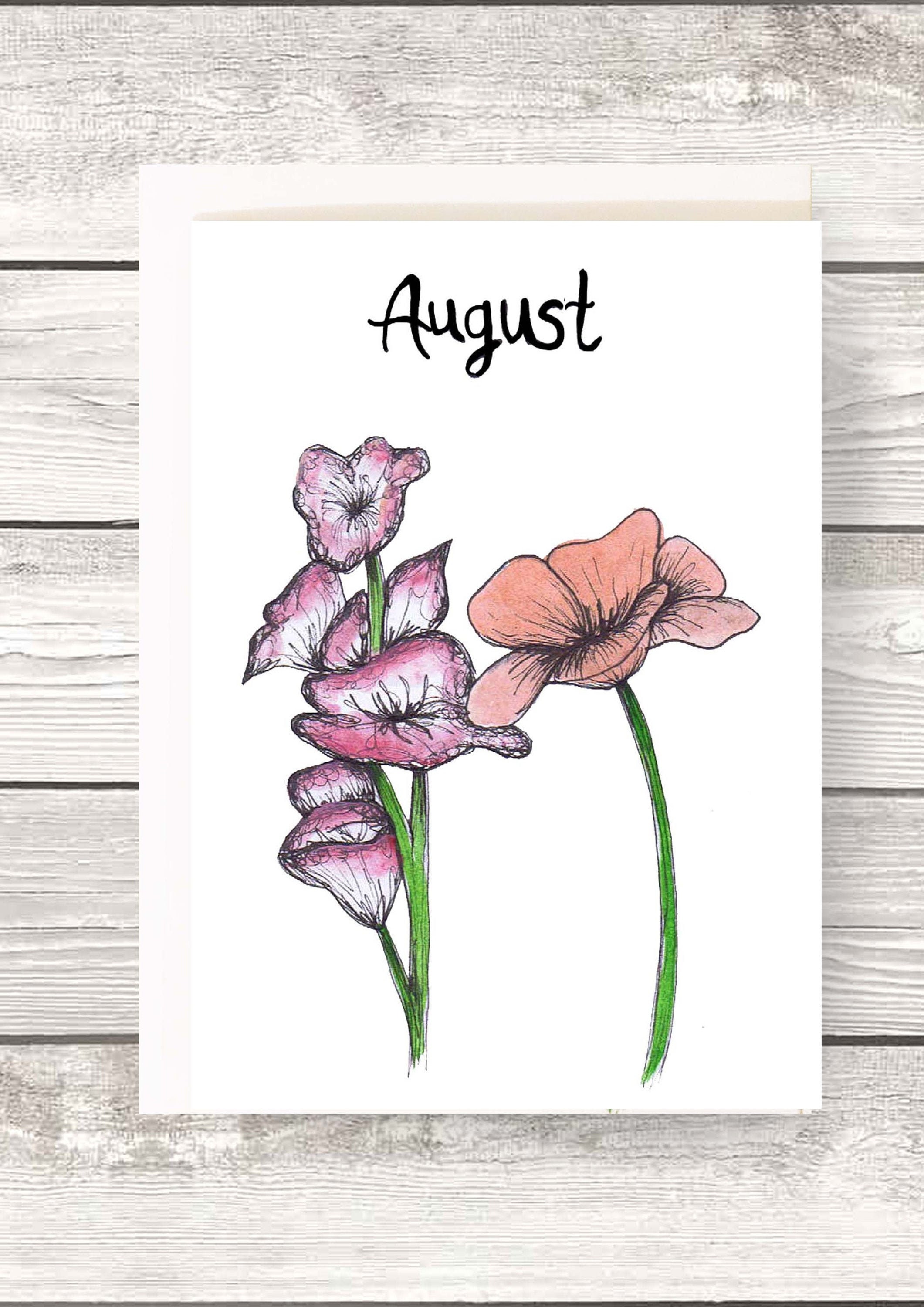 August Birth Flower Birthday card and envelope A6 Modern | Etsy