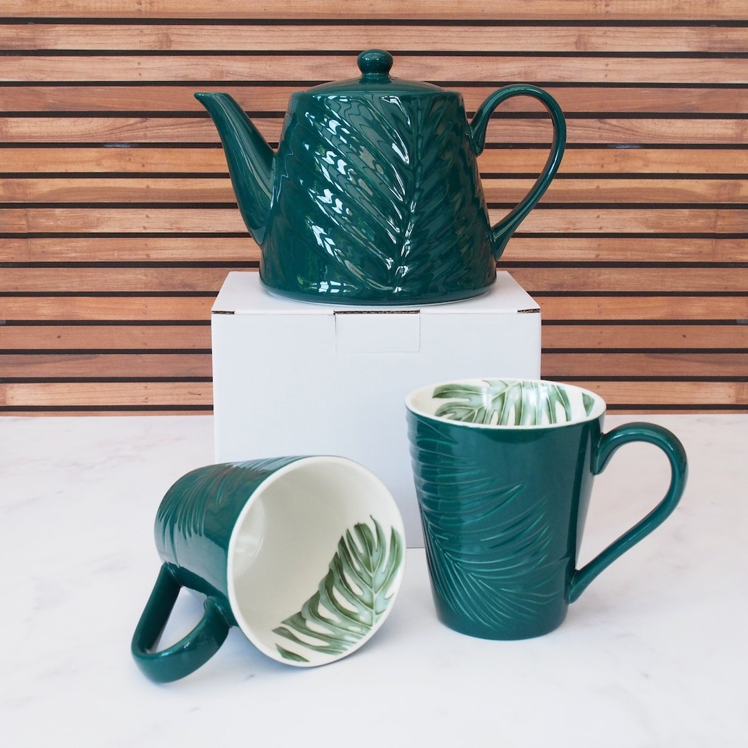 850ml Dark Green Teapot Set With Two Mugs or Teacups Porcelain - Etsy